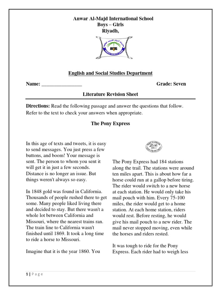 Literature Revision Sheet GR 7 T2 Final | PDF | Pony Express