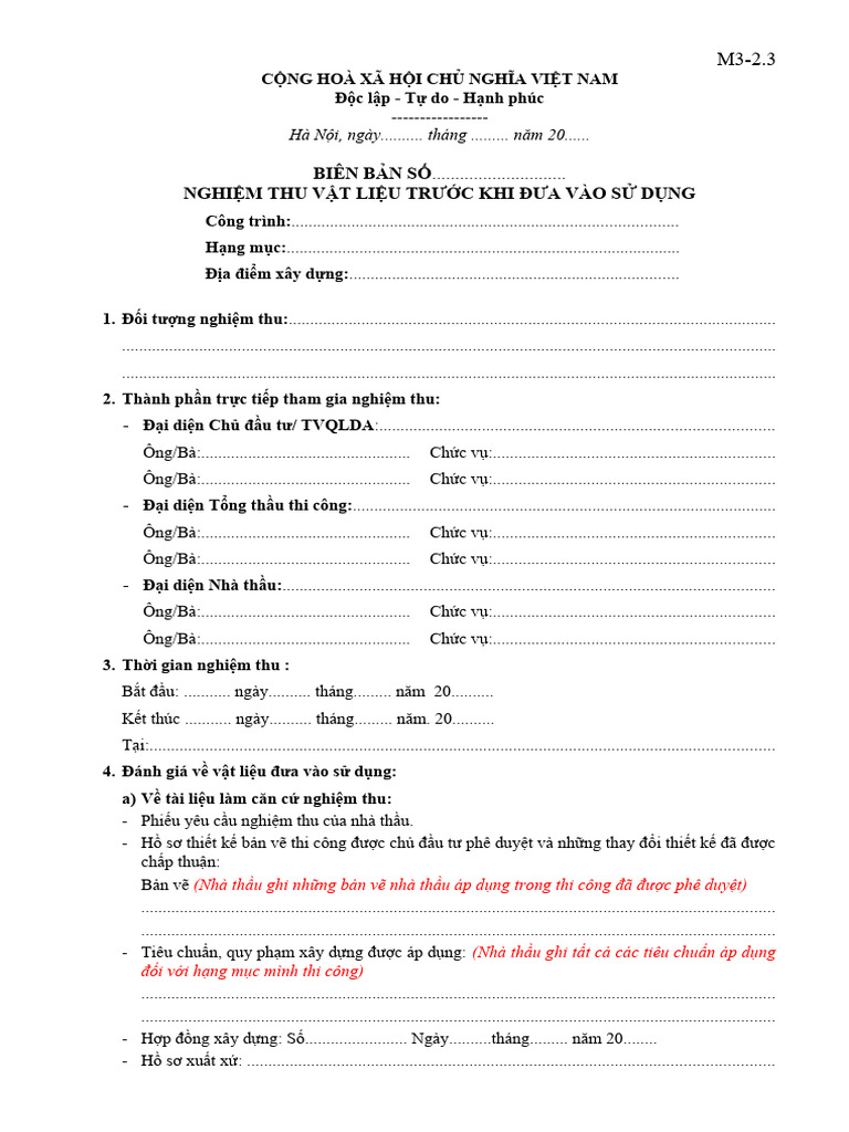 2.3 Biên bản nghiệm thu vật liệu trước khi đưa vào sử dụng | PDF