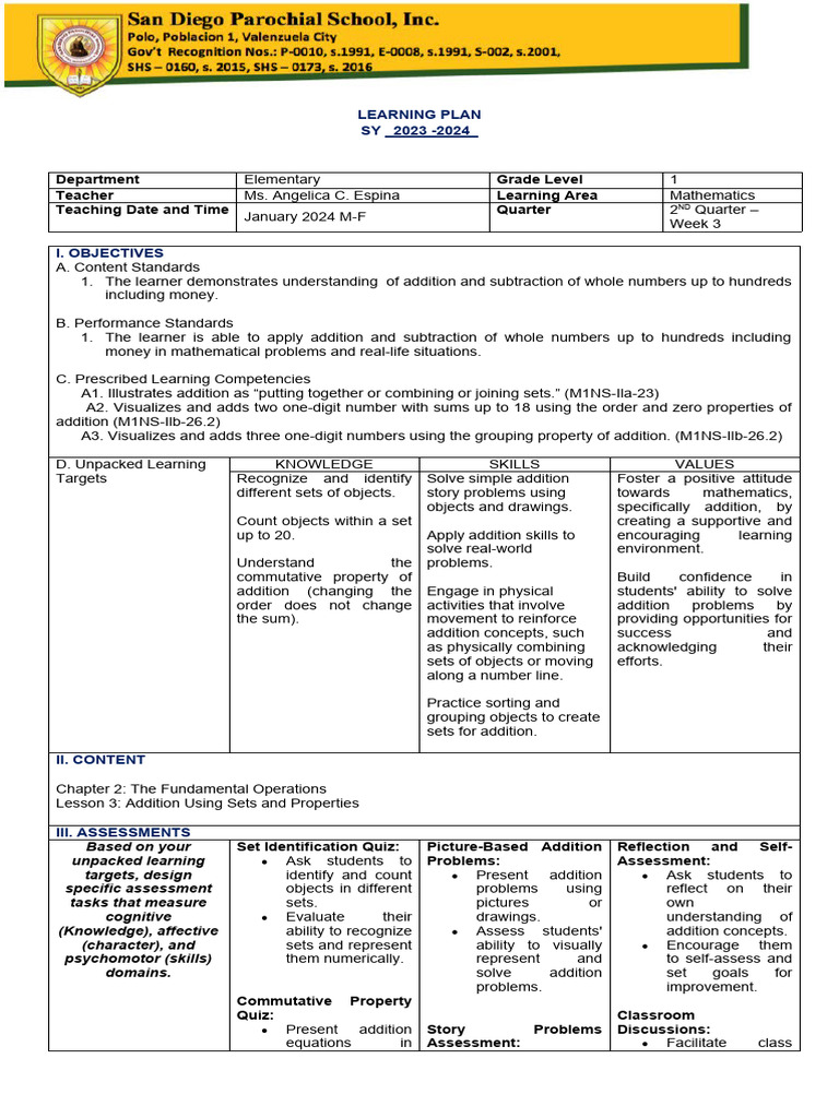 1st Grade Math Learning Plan: Addition | PDF | Learning | Reading ...