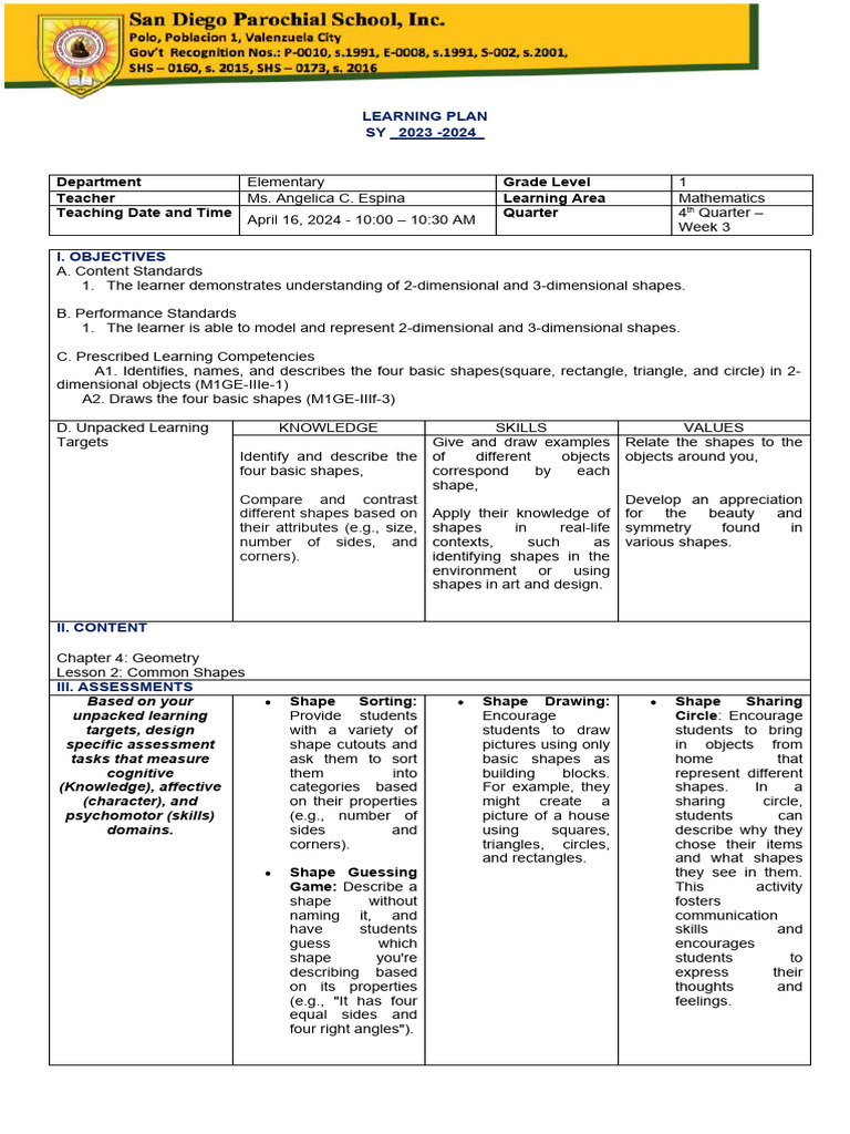 DLP Math 1 Second Grading (Lesson 4) | PDF | Shape | Learning
