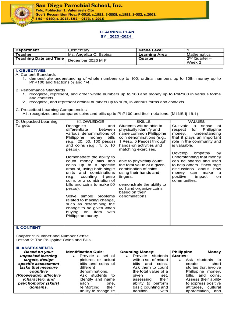 DLP Math 1 Second Grading (Lesson 2) | Download Free PDF | Money | Coins