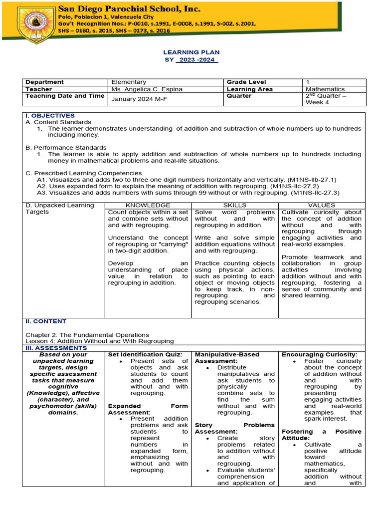 1st Grade Math Learning Plan: Addition | PDF | Learning | Mathematics