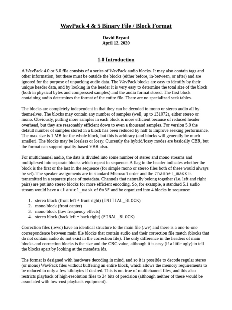 WavPack 4 & 5 Binary File / Block Format | PDF | Data Compression | File Format