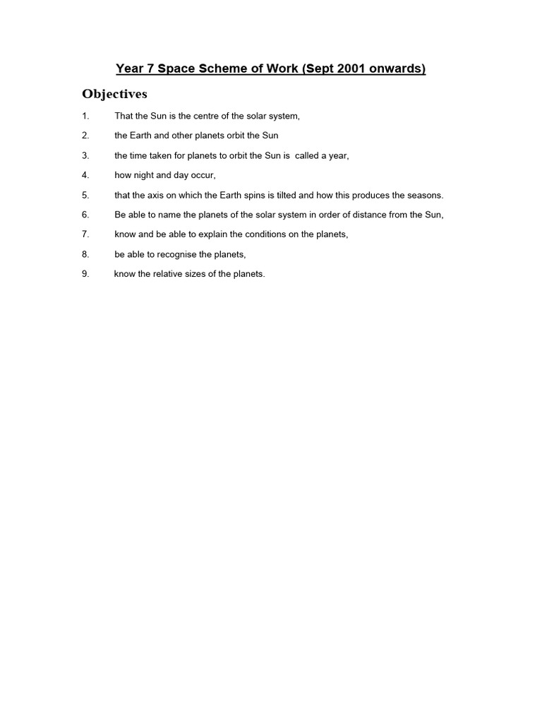 Year 7 Space Objectives | PDF | Travel | Science & Mathematics