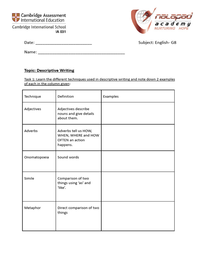 G8 - Descriptive Writing Worksheet | Download Free PDF | Adjective | Word