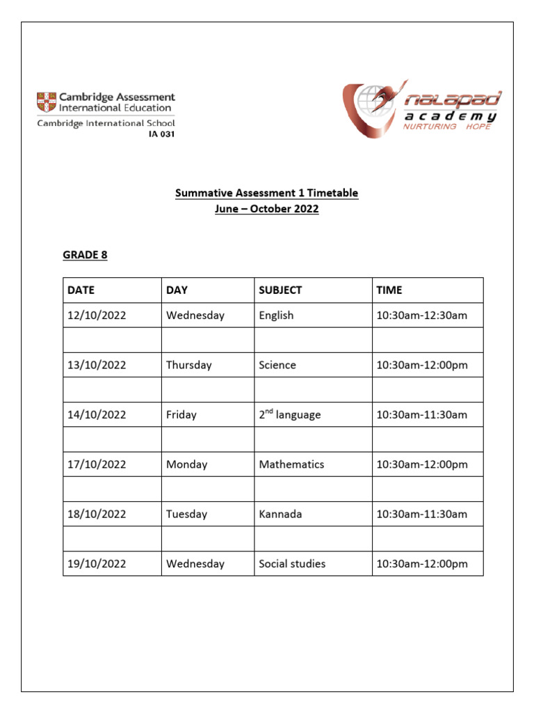 Grade 8 SA-1 Timetable | PDF | Science & Mathematics