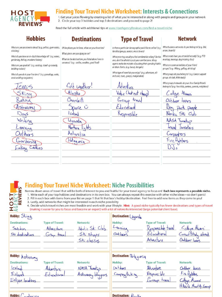 Host Agency Reviews - Completed Travel Agent Niche Worksheet Example | PDF
