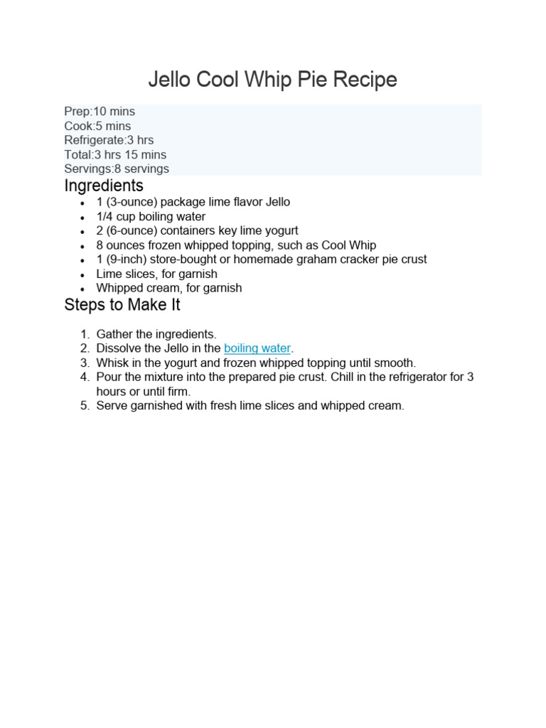 Jello Cool Whip Pie Recipe | PDF