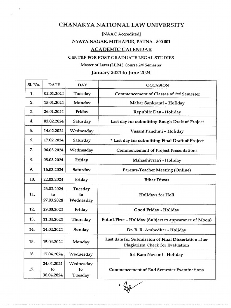 Academic Calendar PG January 2024 To June 2024 | PDF