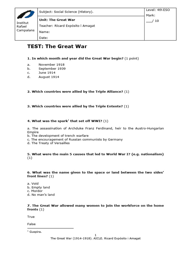 WWI and Russian Revolution Test | PDF | World War I | Allies Of World War I