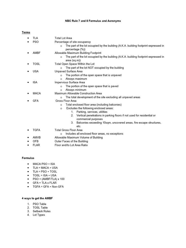 NBC Rule 7 and 8 Formulas and Acronyms | PDF