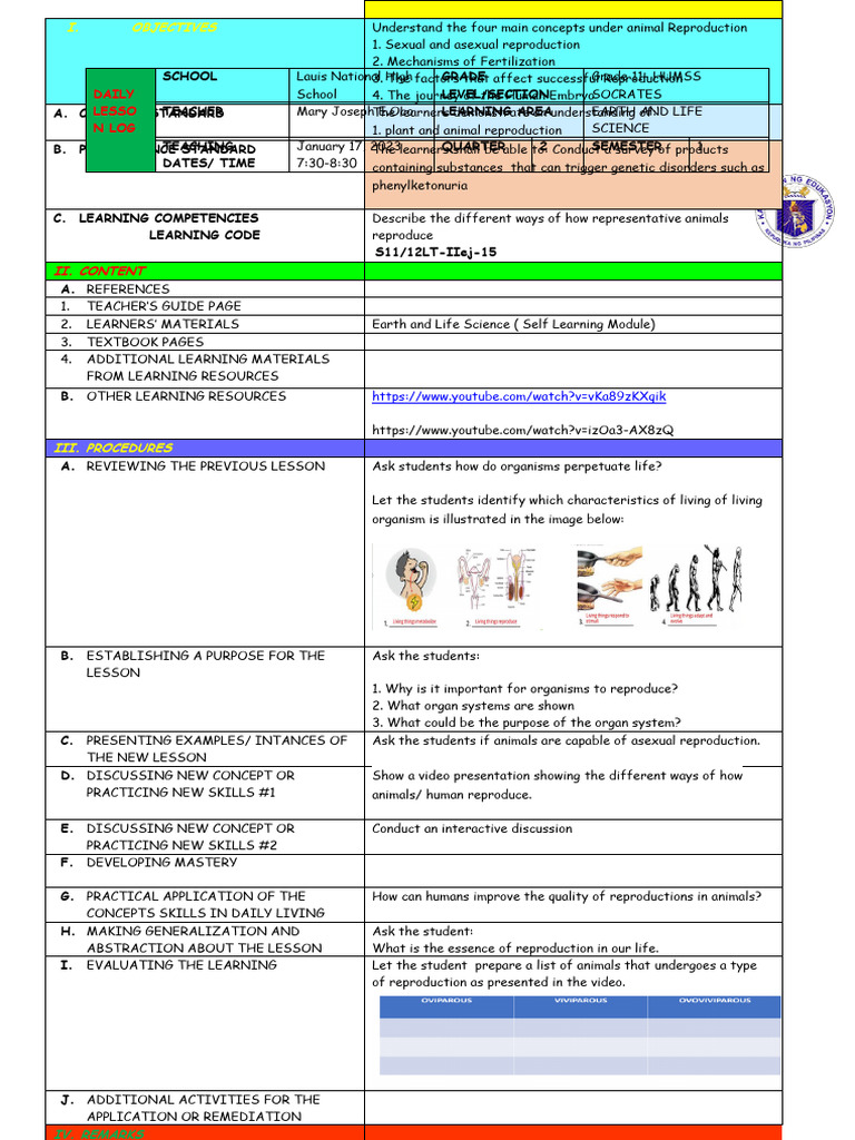 Daily Lesson Log Earth and Life Science For Cot | Download Free PDF | Reproduction | Learning