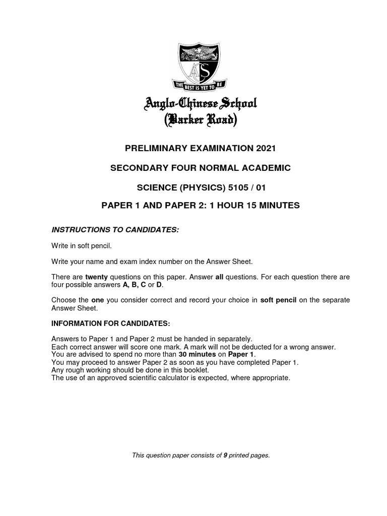 ACS 4NA Physics Paper 1 | PDF | Acceleration | Gases