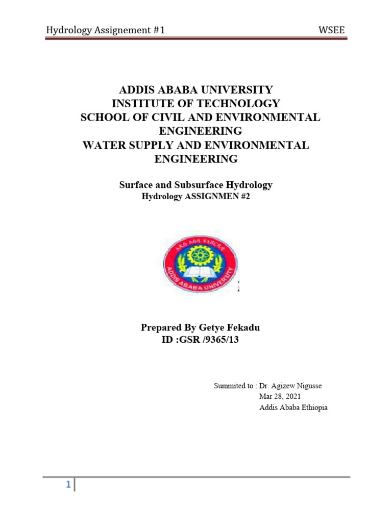 Addis Ababa University Institute of Technology School of Civil and Environmental Engineering ...