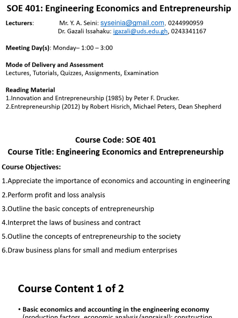 SOE 401 - Engineering Econs - Entre Lecture1 - 3 Mr. Seini - DR Gazali - 2023 | PDF | Net ...
