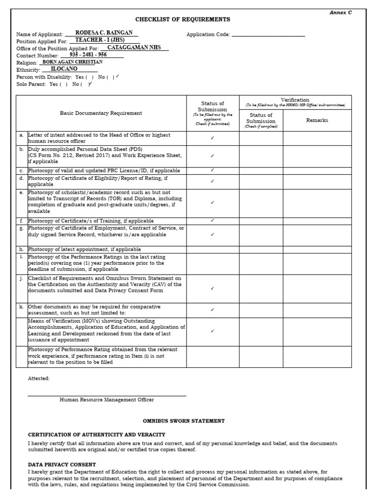 Annex C Checklist of Requirements and Omnibus Sworn Statement | PDF | Authentication
