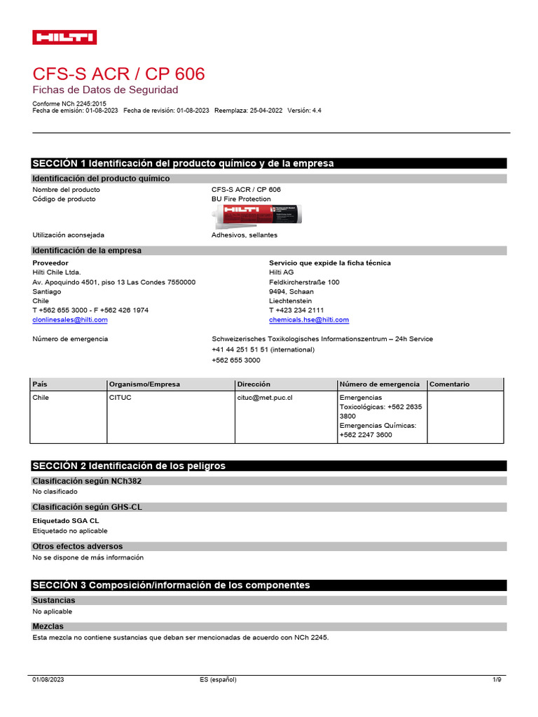 Ficha Seguridad CFS-S ACR/CP 606 | PDF | Agua | Primeros auxilios