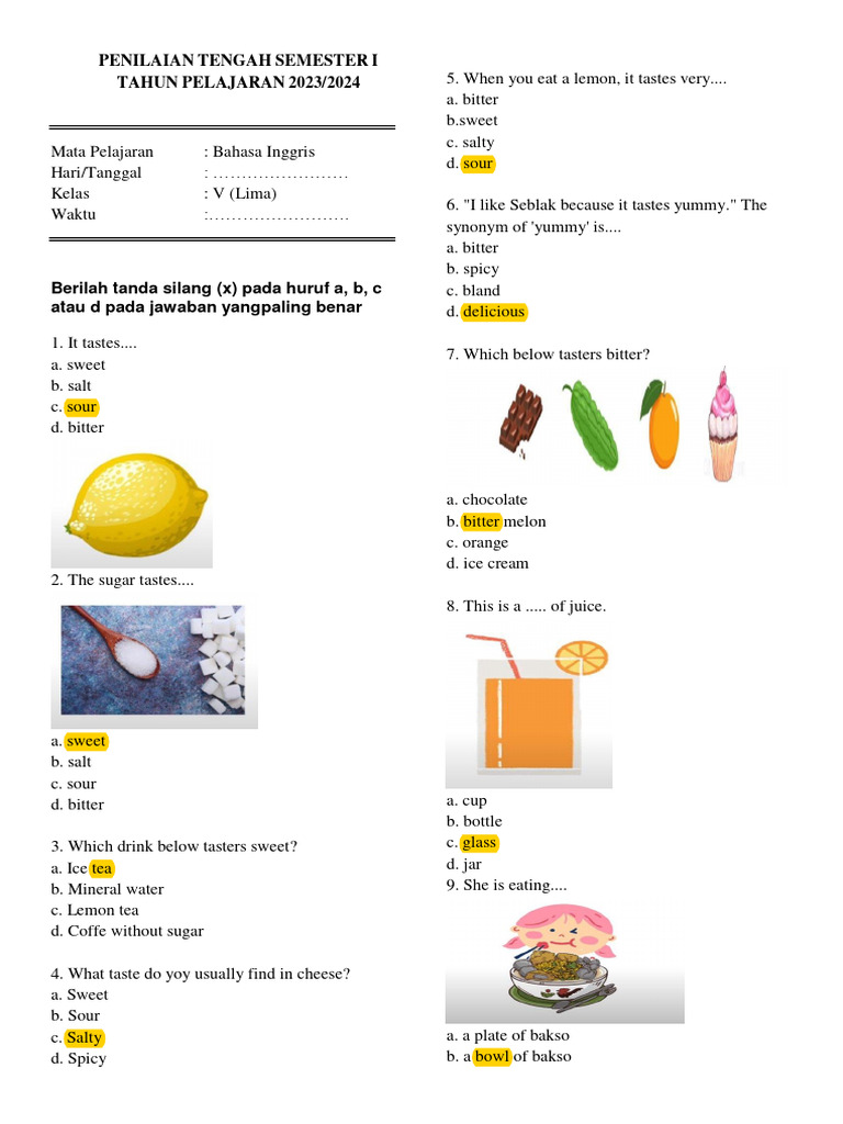 Kelas 5 Latihan Soal PTS 1 Bahasa Inggris | PDF | Taste | Foods