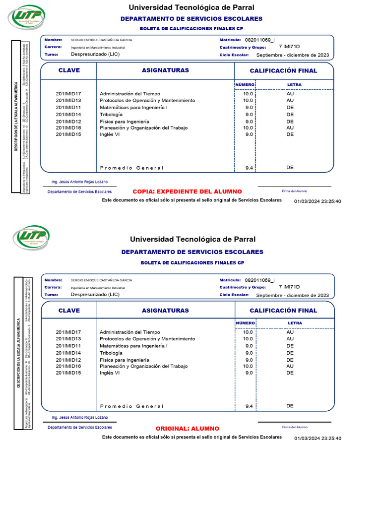 Competencias PRN Boleta Calificaciones Finales | PDF | Ingeniería | Ciencias fisicas