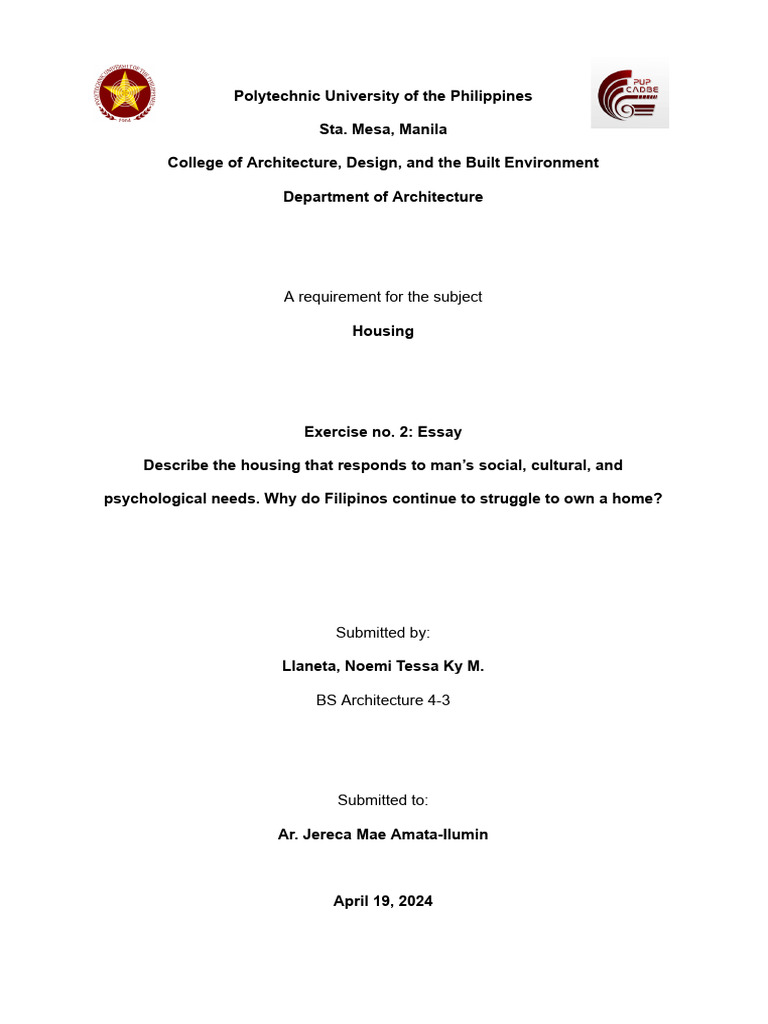 Llaneta, NTKM - Housing - Exercise No. 2 | PDF | Behavioural Sciences ...