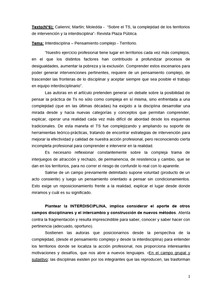 Resumen Texto Interdisc Pensamiento Complejo y Morin | PDF | Complejidad | Pensamiento