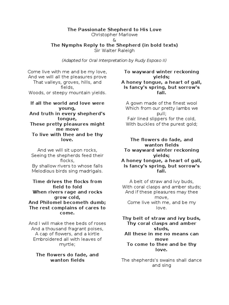 The Passionate Shepherd To His Love, The Nymph's Reply To The Shephered ...
