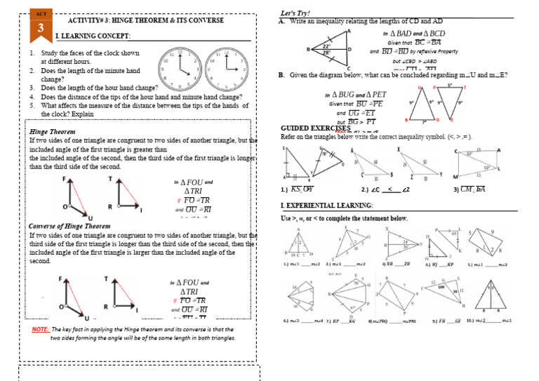 Activity 3 Hinge Theorem Its Converse Pdf Triangle Elementary Mathematics