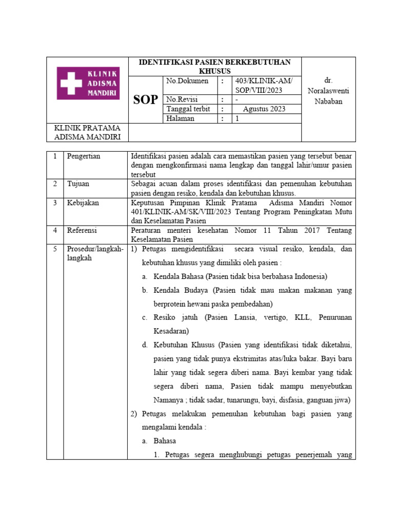 SOP IDENTIFIKASI Klinik | PDF