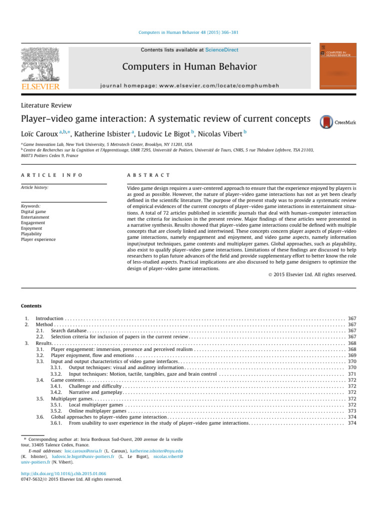 Player-Video Game Interaction, A Systematic Review of Current Concepts ...