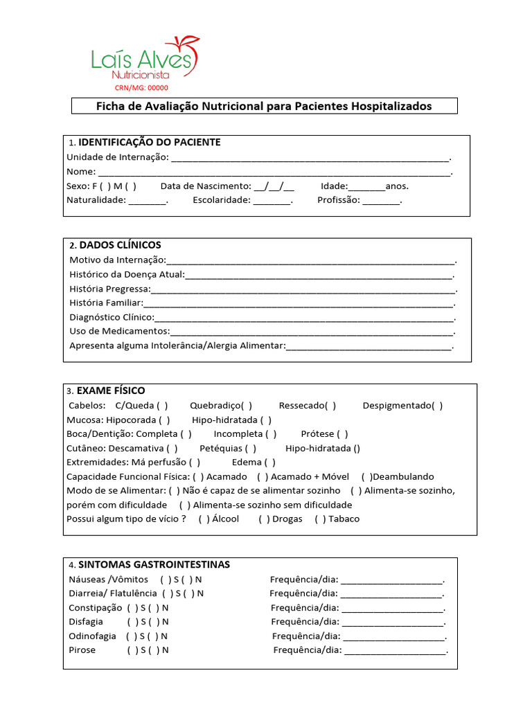 Ficha de Avaliação Nutricional para Pacientes Hospitalizados | PDF ...