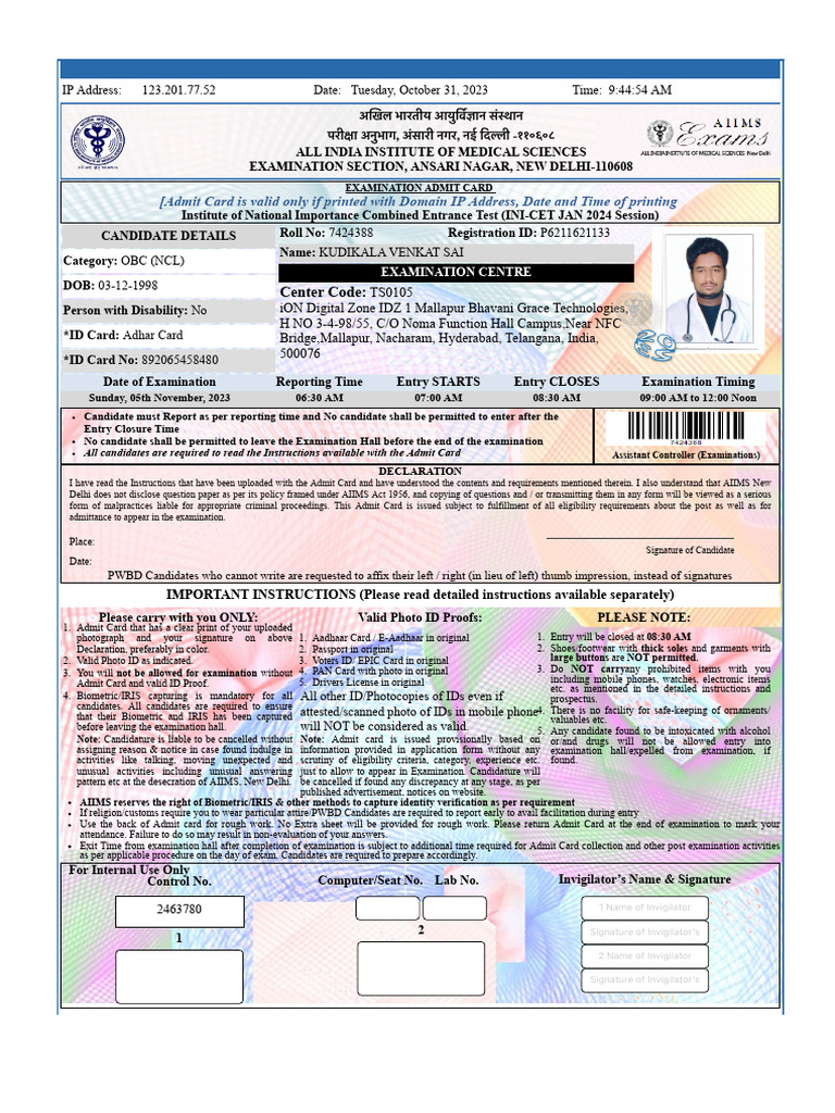 Admit card inicet | PDF | Identity Document | Authentication