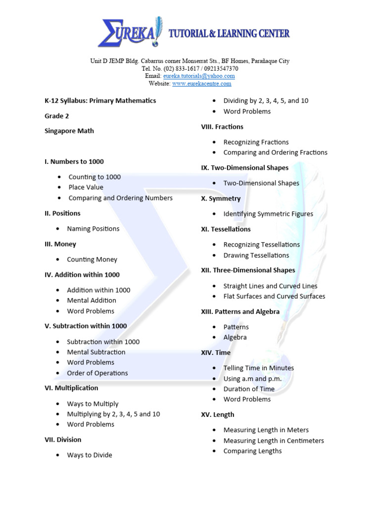 2nd Grade Math Topic Outline | PDF | Area | Mathematics