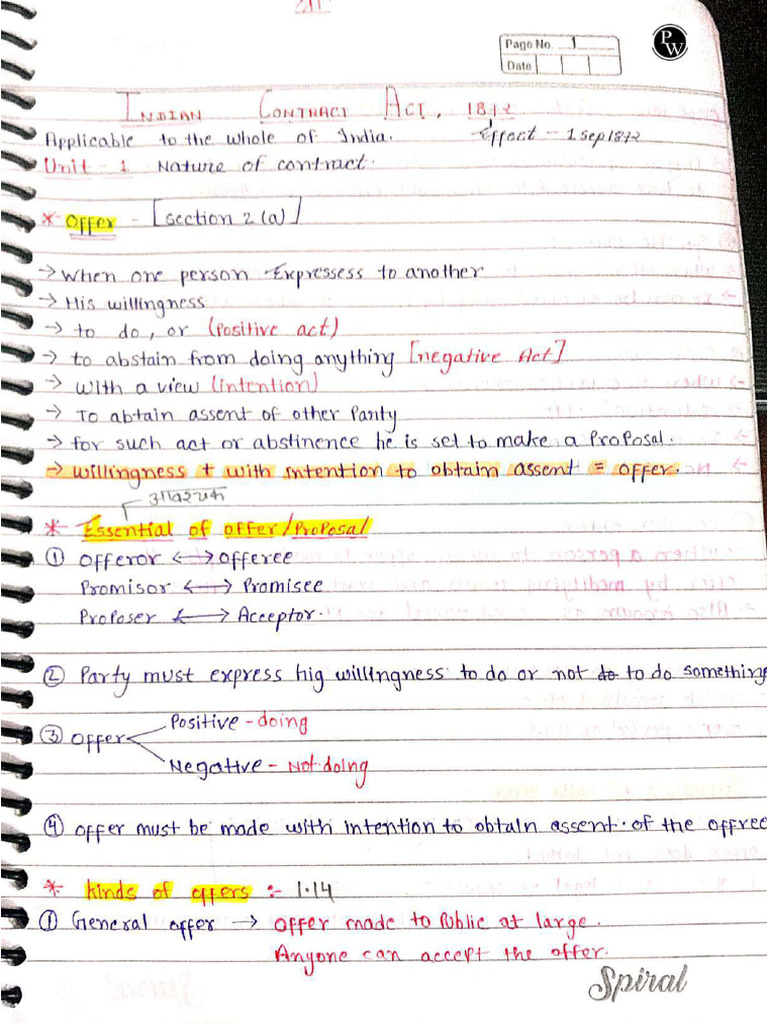 The Indian Contract Act, 1872 - Handwritten Notes | PDF