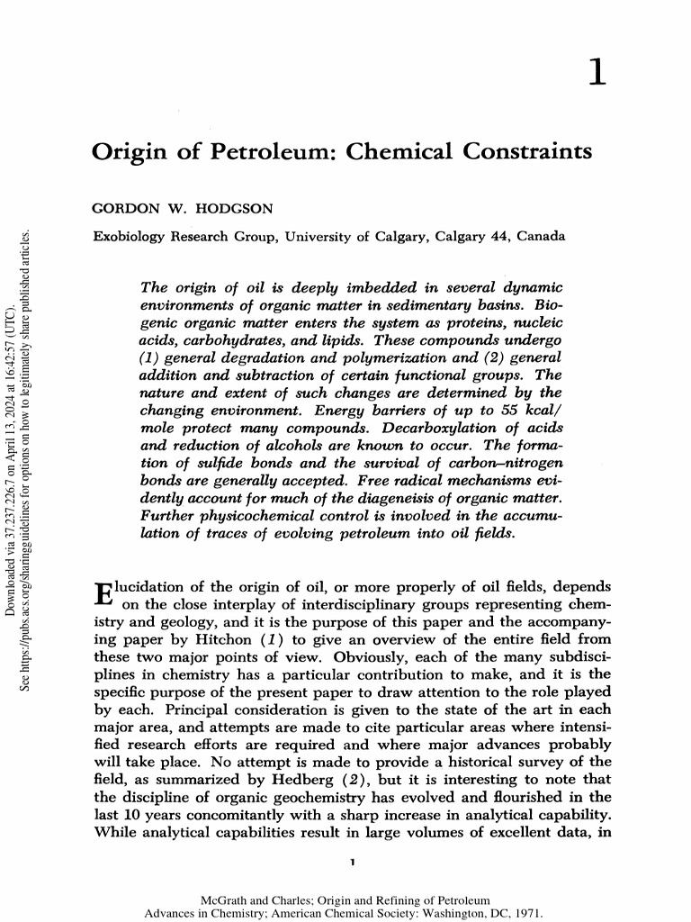 Hodgson 2009 Origin of Petroleum Chemical Constraints | PDF | Biosynthesis | Petroleum