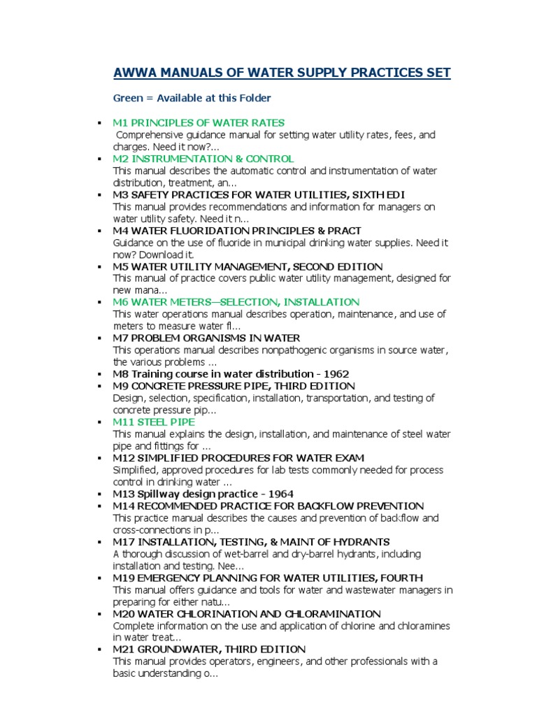 Awwa Manuals of Water Supply Practices Set | Water Supply Network ...
