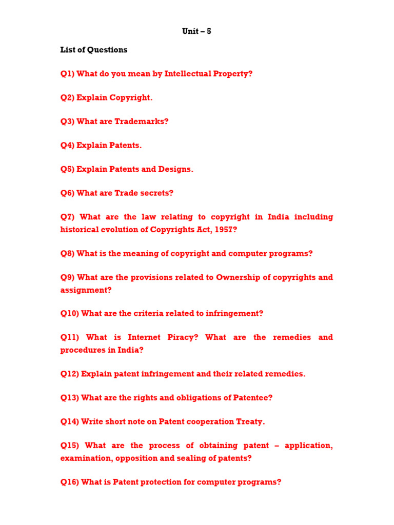 Unit 5 Question Bank | PDF | Design Patent | Patent