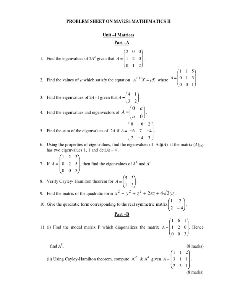 MATRICES PROBLEM SHEET | PDF | Eigenvalues And Eigenvectors | Matrix (Mathematics)