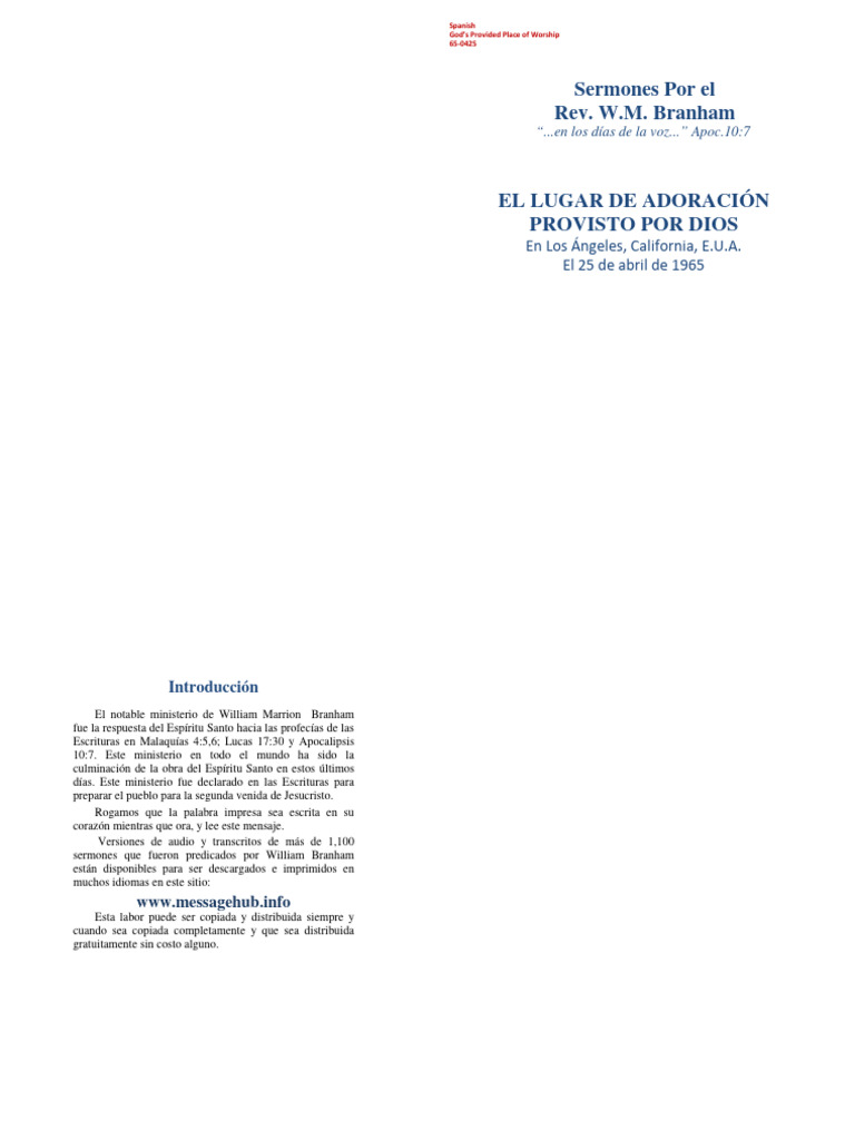 65-0425 - El Lugar de Adoracion Provisto Por Dios | PDF | Bautismo | Jesús