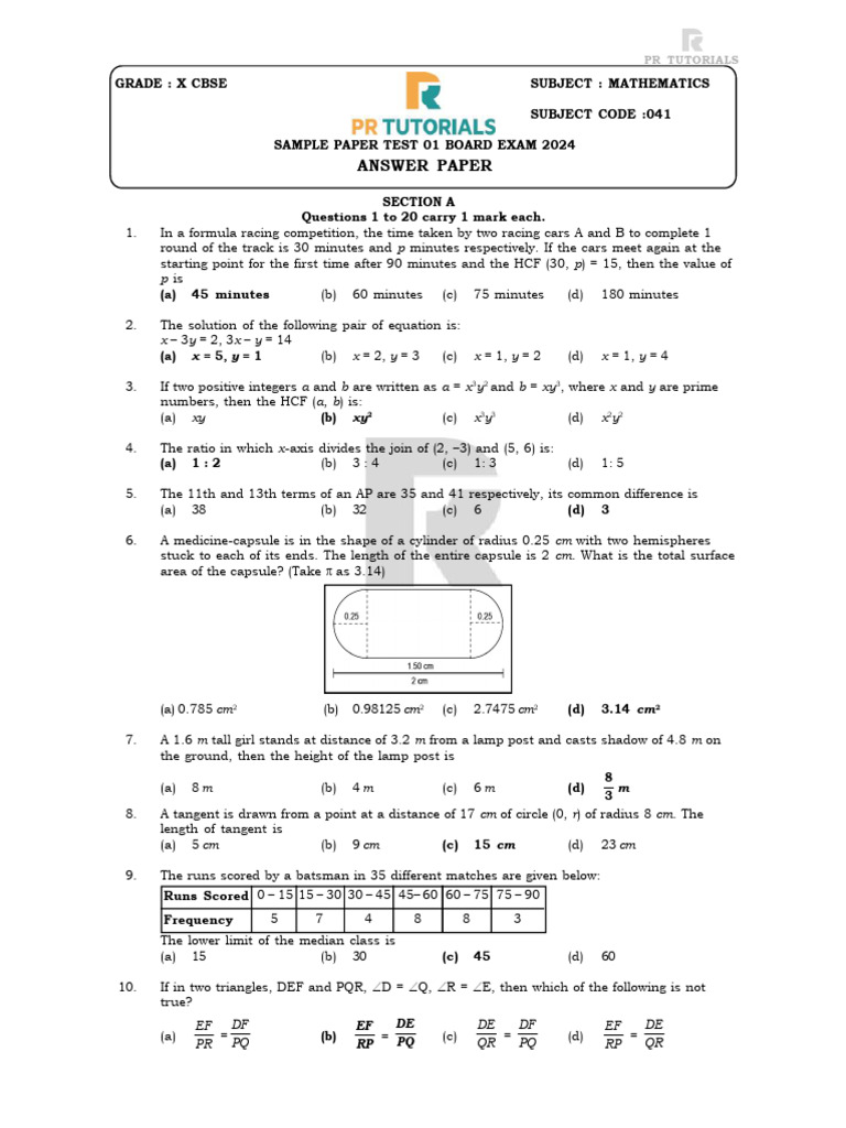 Cbse X Mathematics Sample Paper Test 01 Board Exam 2024 - Ap | PDF ...