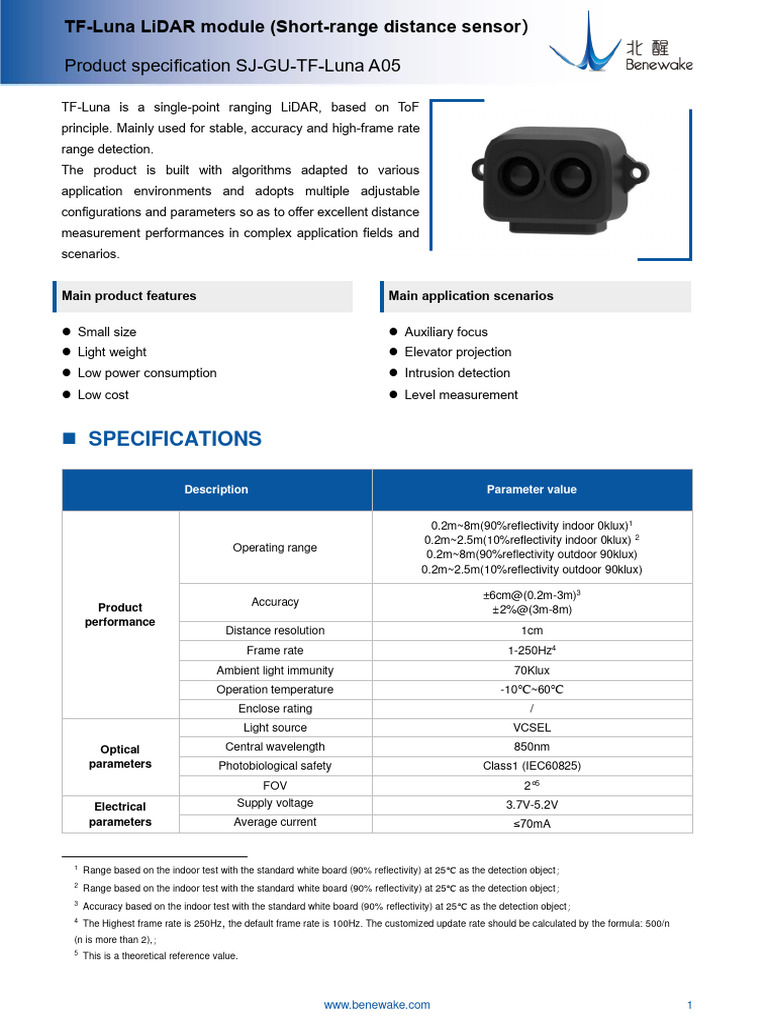 TF-Luna Datasheet | PDF | Lidar | Metrology
