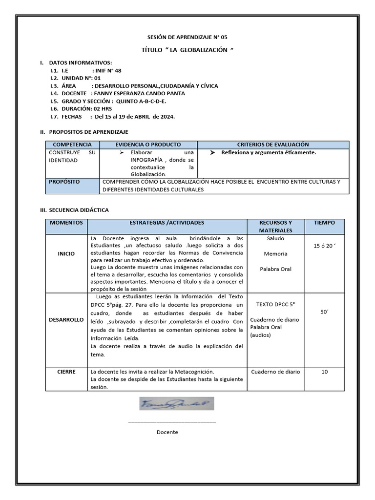 Sesión N°05-La Globalizacion - DPCC 5°a-B-C-D-E. | PDF | Aprendizaje | Cognición