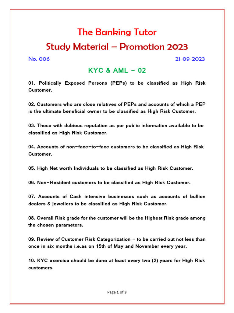 AML Customer Risk Classification 2023 | PDF