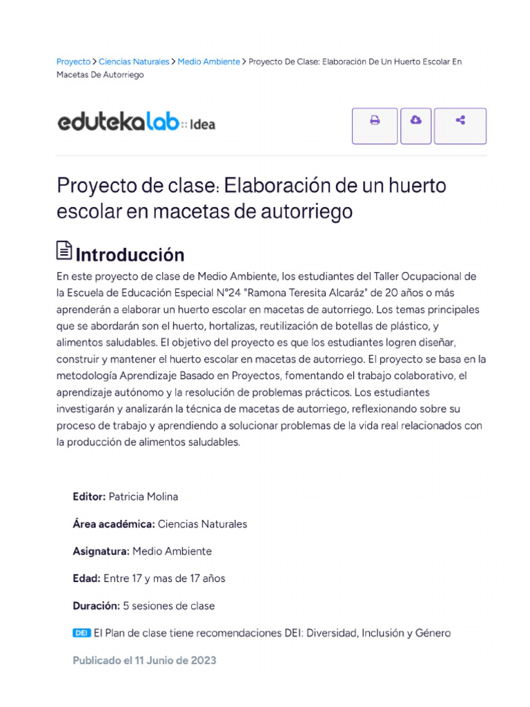 Proyecto de Clase - Elaboración de Un Huerto Escolar en Macetas de Autorriego | PDF