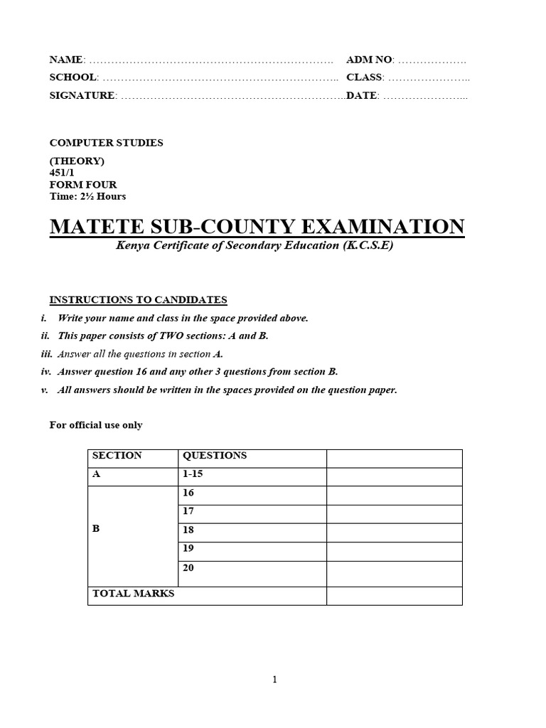 Computer Studies PP1 QNS and Marking Scheme | PDF | Information Technology | Computer Engineering