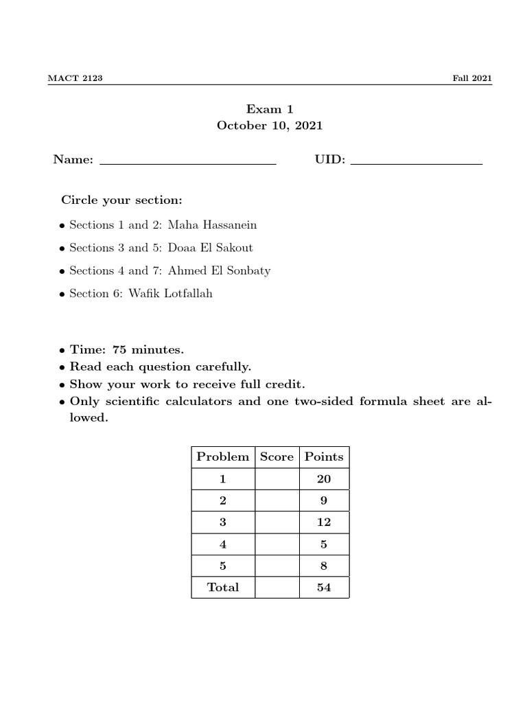 Exam 1 (Fall 2021) | PDF | Acceleration | Mathematical Analysis