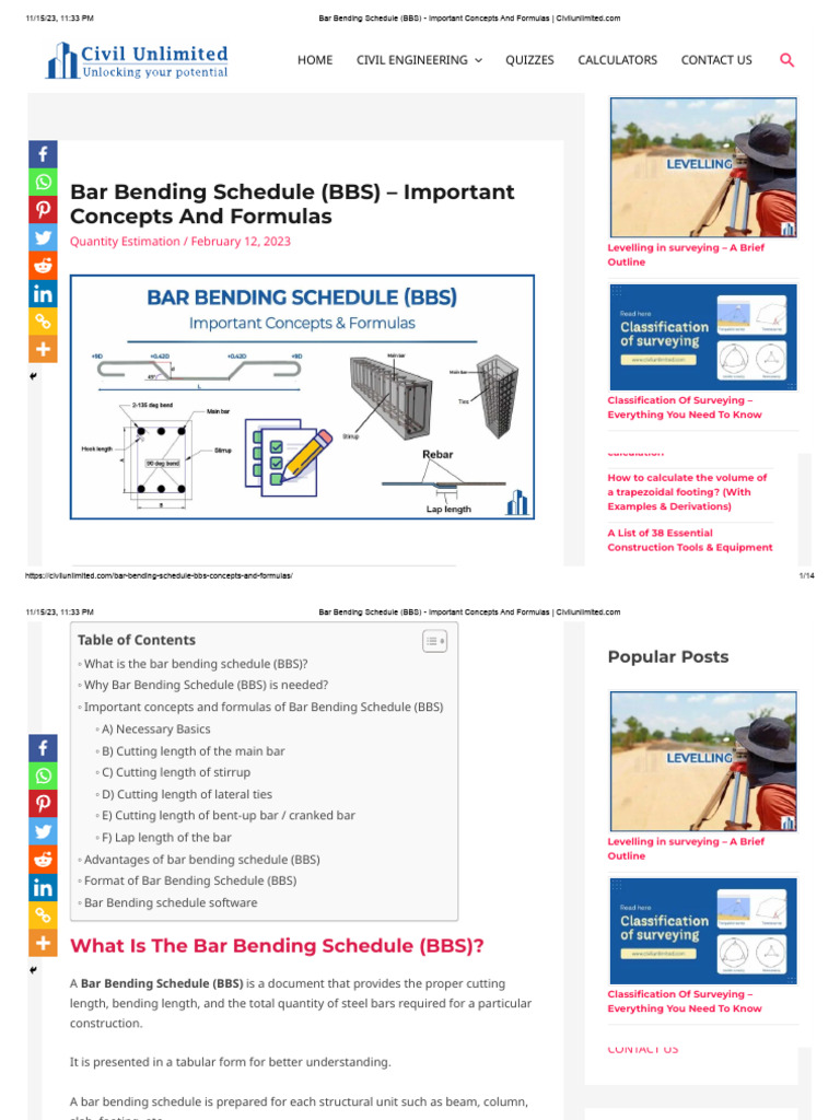 Bar Bending Schedule (BBS) - Important Concepts and Formulas | PDF ...