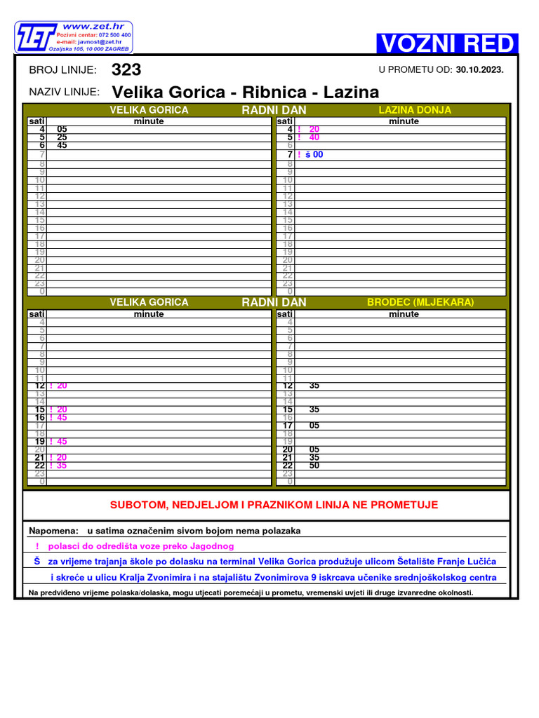 Vozni Red: Velika Gorica - Ribnica - Lazina 323 | PDF