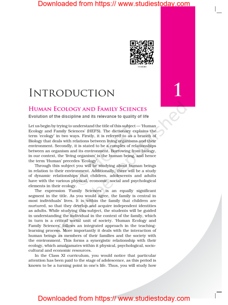 NCERT Class 11 Home Science Human Ecology and Sciences Part 1 ...