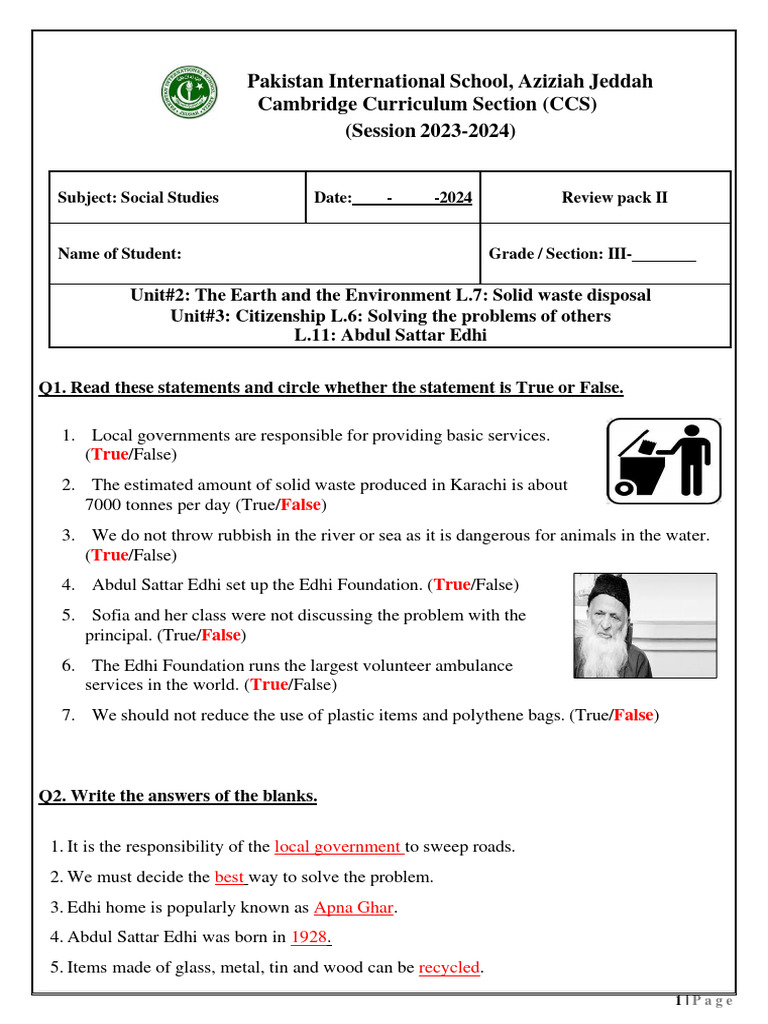 Sst Answer key Review pack Grade 3 | PDF | Waste | Waste Management