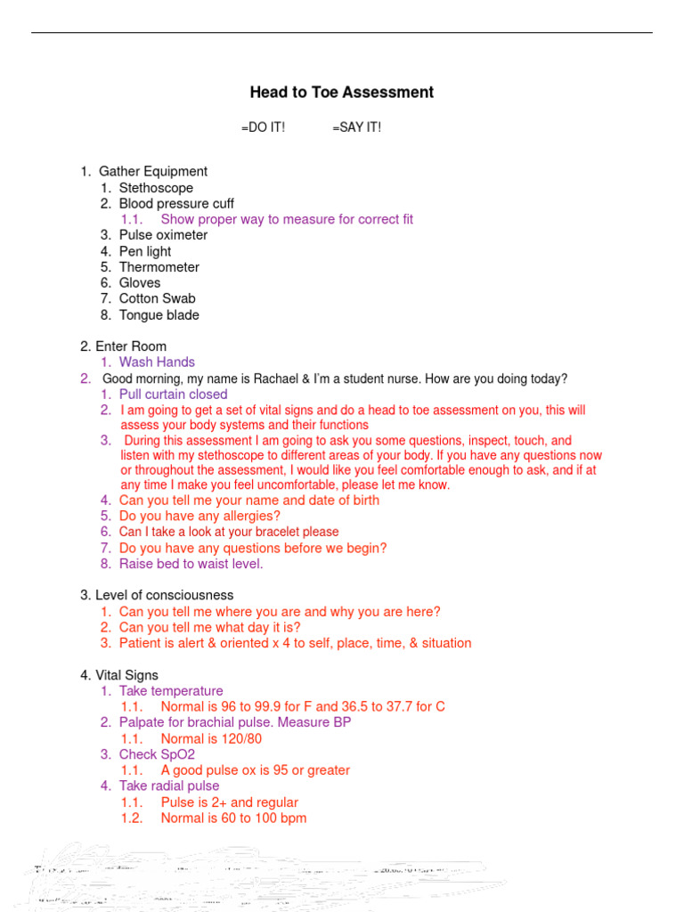 Head To Toe Assessment | PDF | Pulse | Medical Specialties